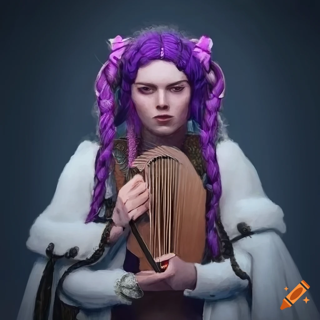 Mischievous bard woman with purple hair and a lyre in a snowy forest on ...