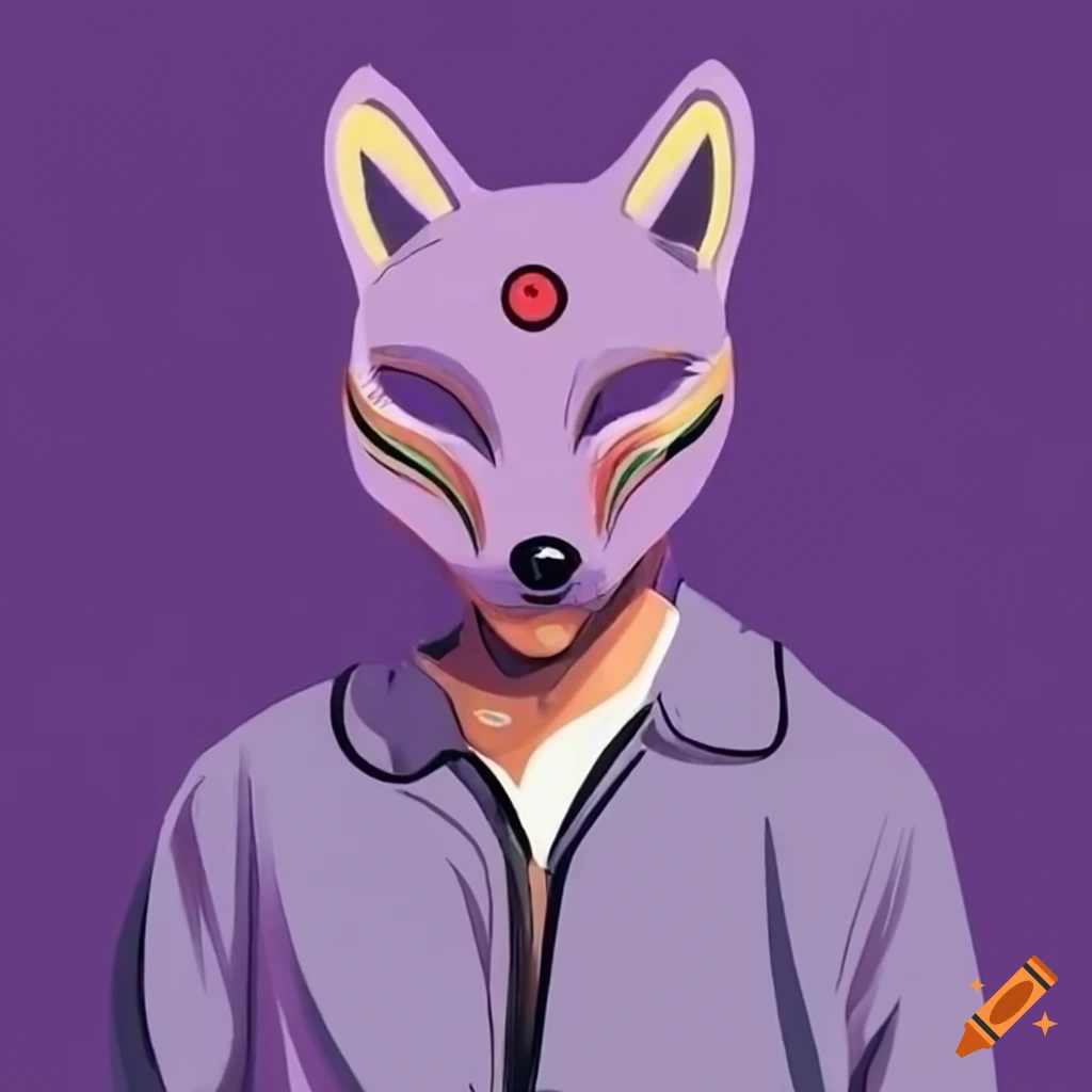 Man wearing a japanese fox mask in a purple studio on Craiyon