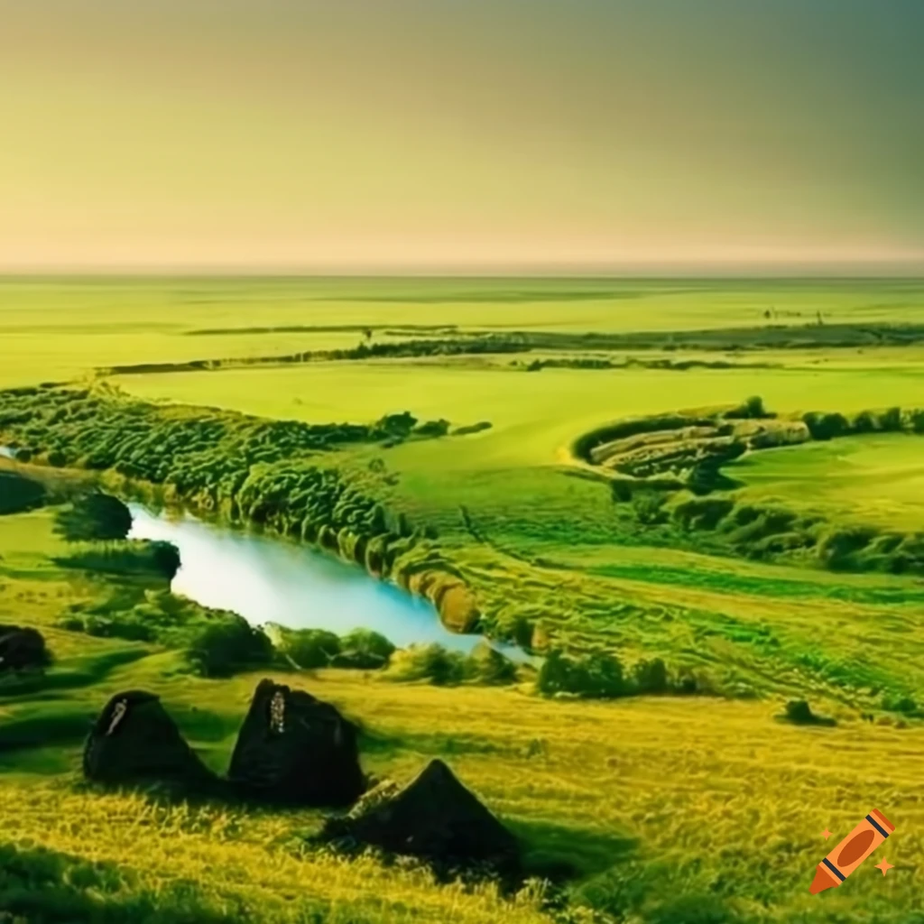 Ancient mesopotamia landscape with a great river flowing through green ...