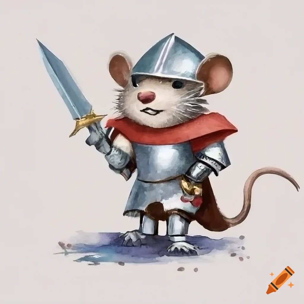 Brave storybook mouse in knight armor with a small blade in watercolor ...