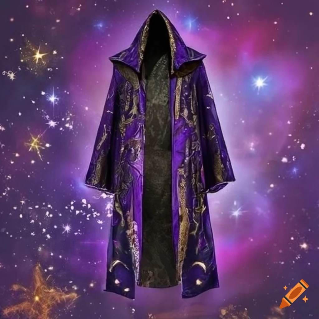Wizard robes in a cosmic, starry setting with black, purple, and gold colors on Craiyon