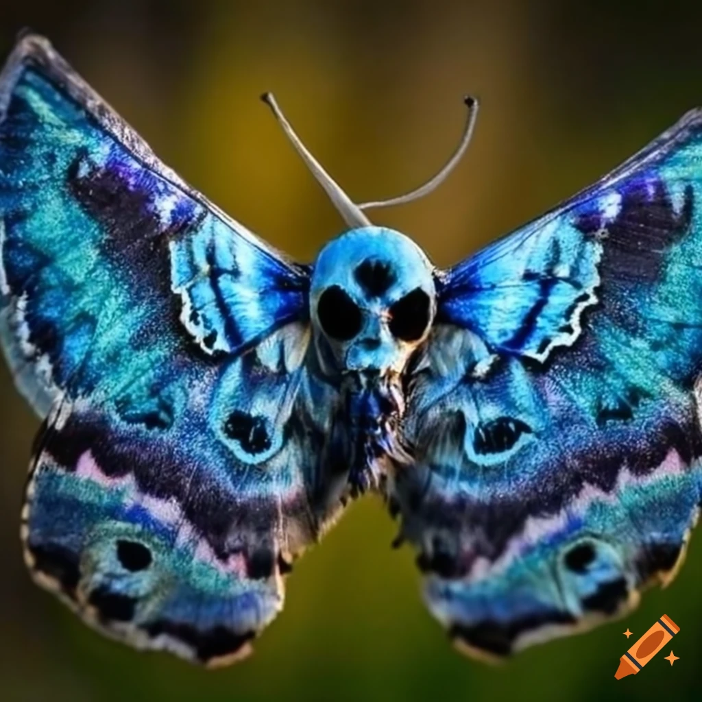 Gothic blue moth with skull-patterned wings on Craiyon
