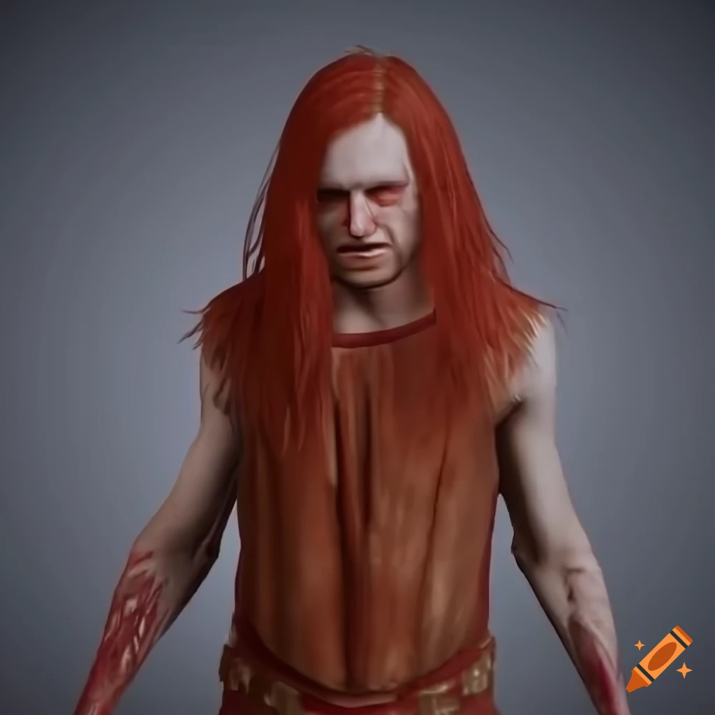 Pale-skinned elf man with red hair and eyes in red-golden cloth on grey ...