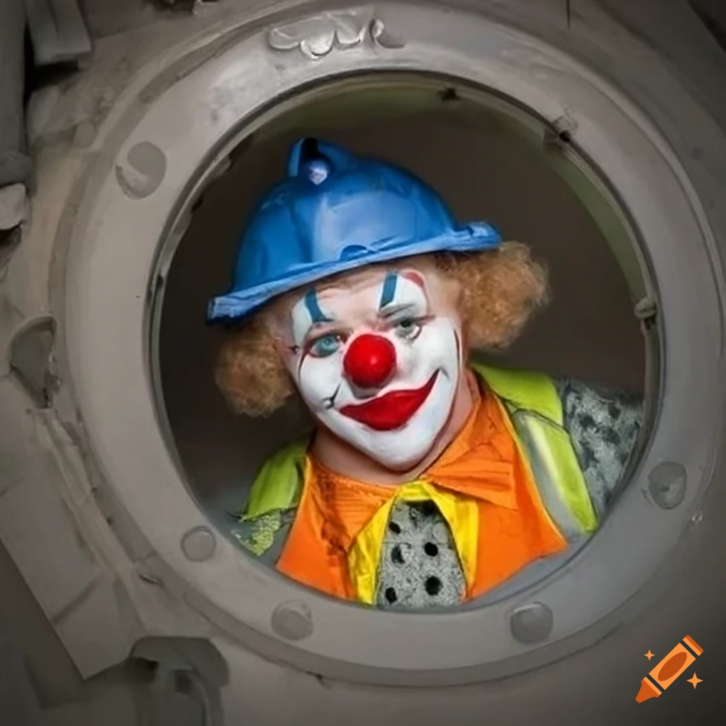 Clown wearing hard hat and reflective vest by an open tank hatch on Craiyon
