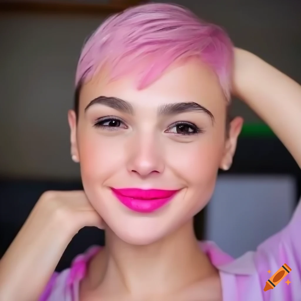Young woman with pink pixie haircut and stylish makeup smiling on Craiyon