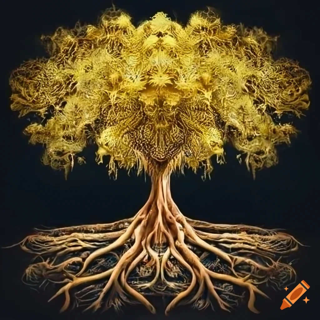 Mystical gold sandalwood tree with roots on dark background on Craiyon