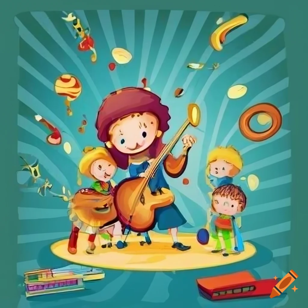 Children playing musical instruments in a band in a children's book style on Craiyon