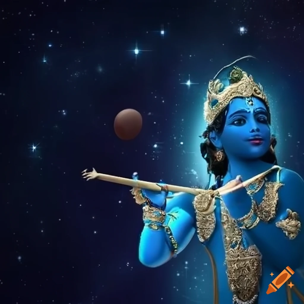 Krishna standing on earth with the universe in the background in a 3d ...