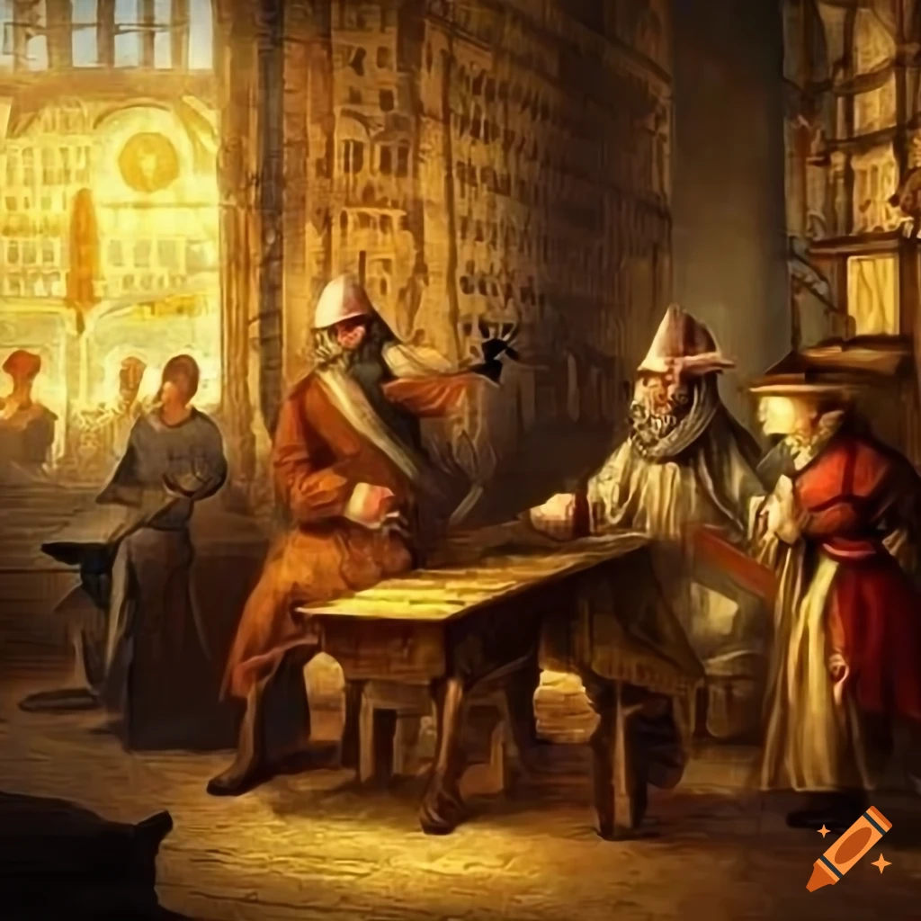 Medieval european city with jewish merchants and bankers in the ...