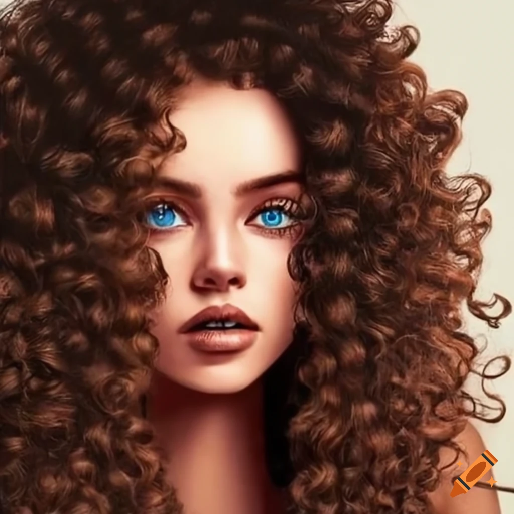 Woman with long dark brown curly hair and blue eyes on Craiyon