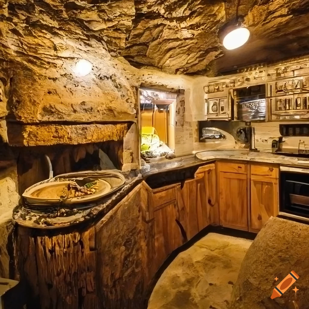 Prehistoric stone kitchen in a cave setting on Craiyon