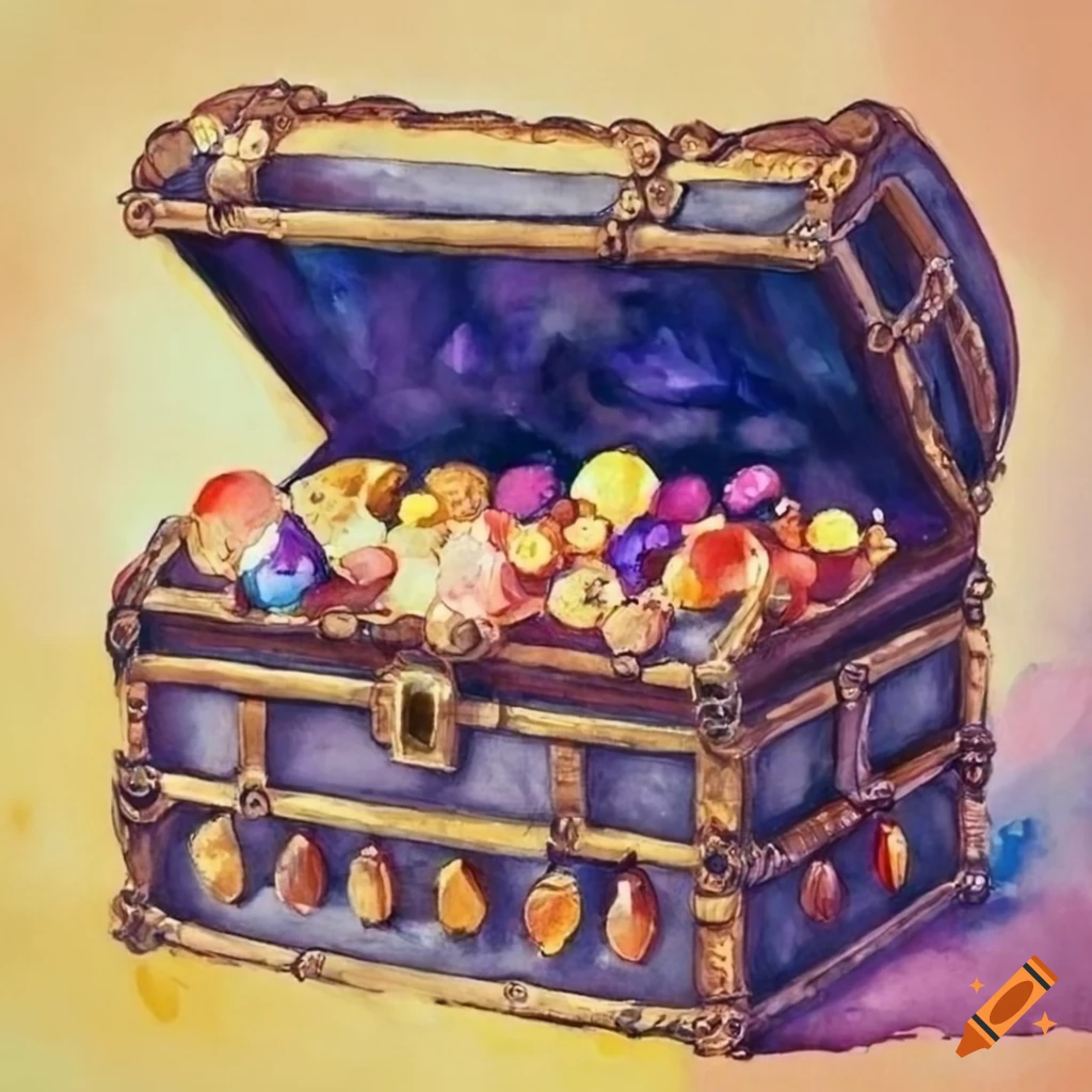 Treasure chest filled with jewels and gold in a watercolor painting on ...