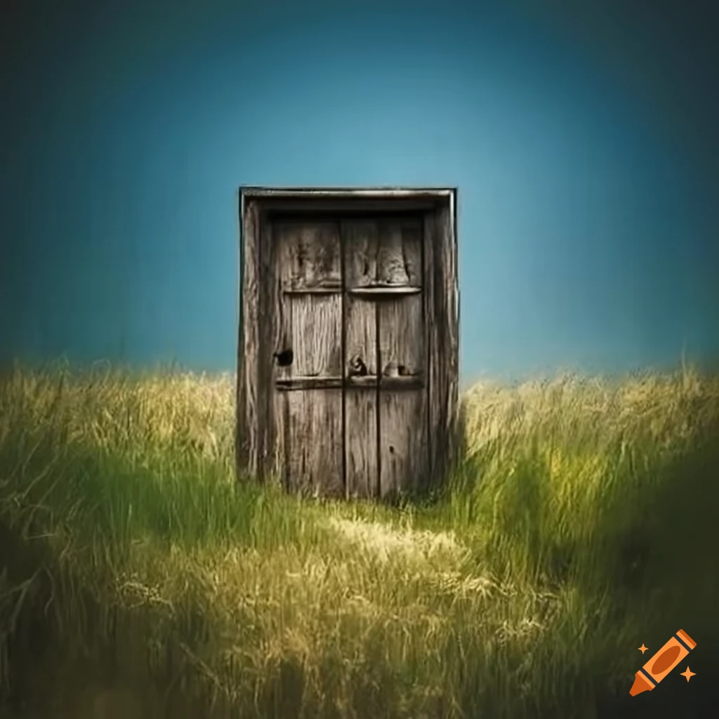 Lonely wooden door in a grassy field surrounded by greenery on Craiyon