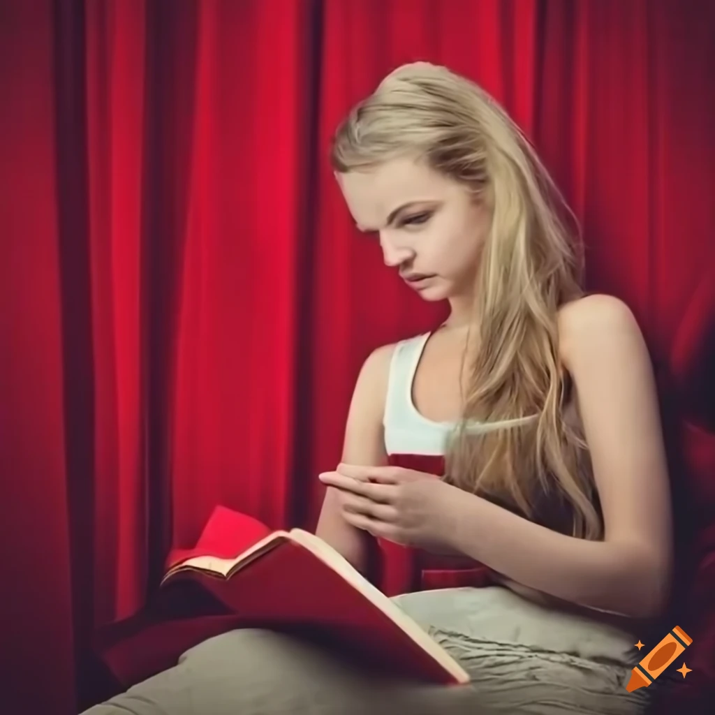 Portrait Of A Blonde Woman Reading A Book In Front Of A Red Curtain On