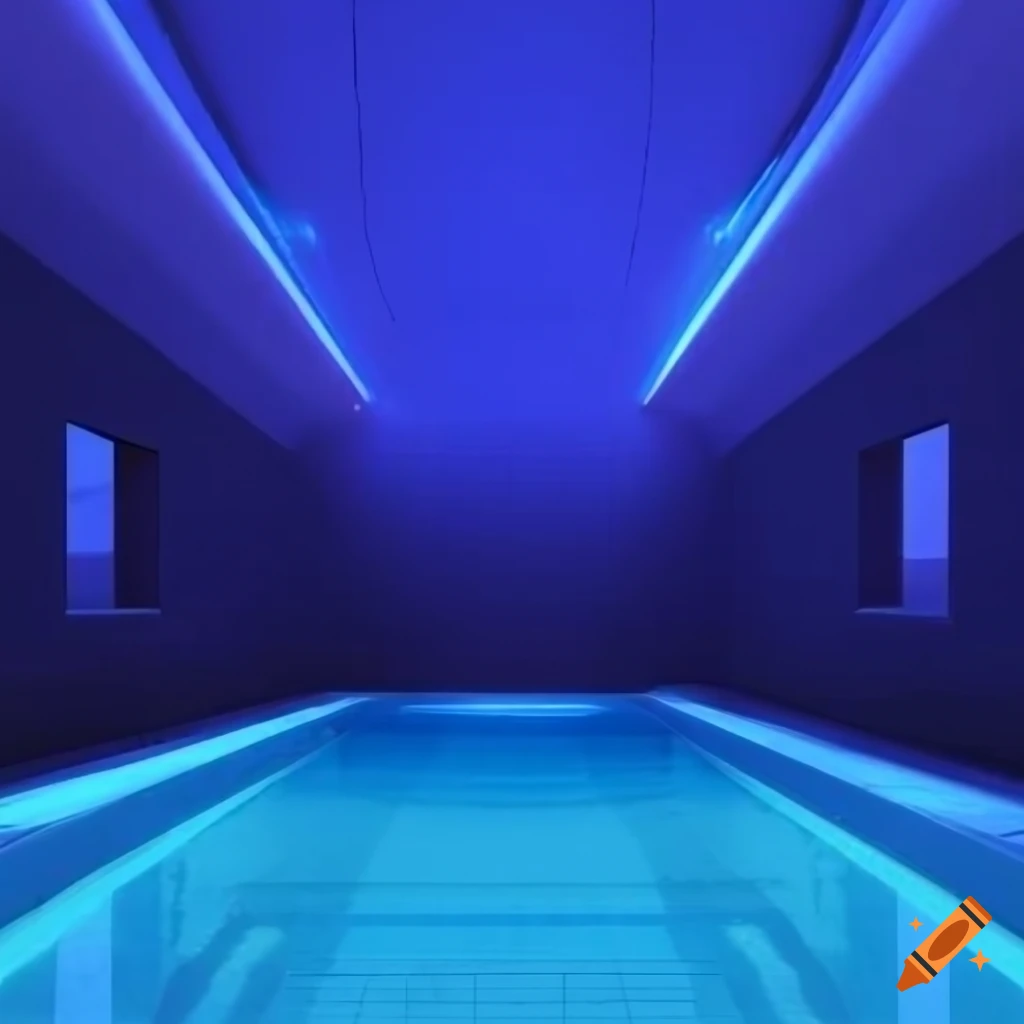 Liminal poolroom with blue water and white tiles in architectural ...