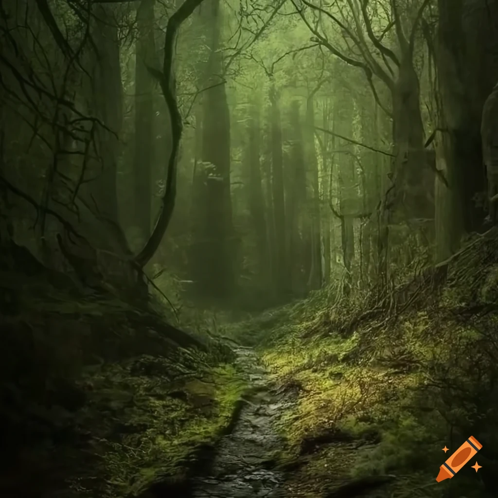 Neglected rocky ancient forest path obscured by shadows and overgrown ...