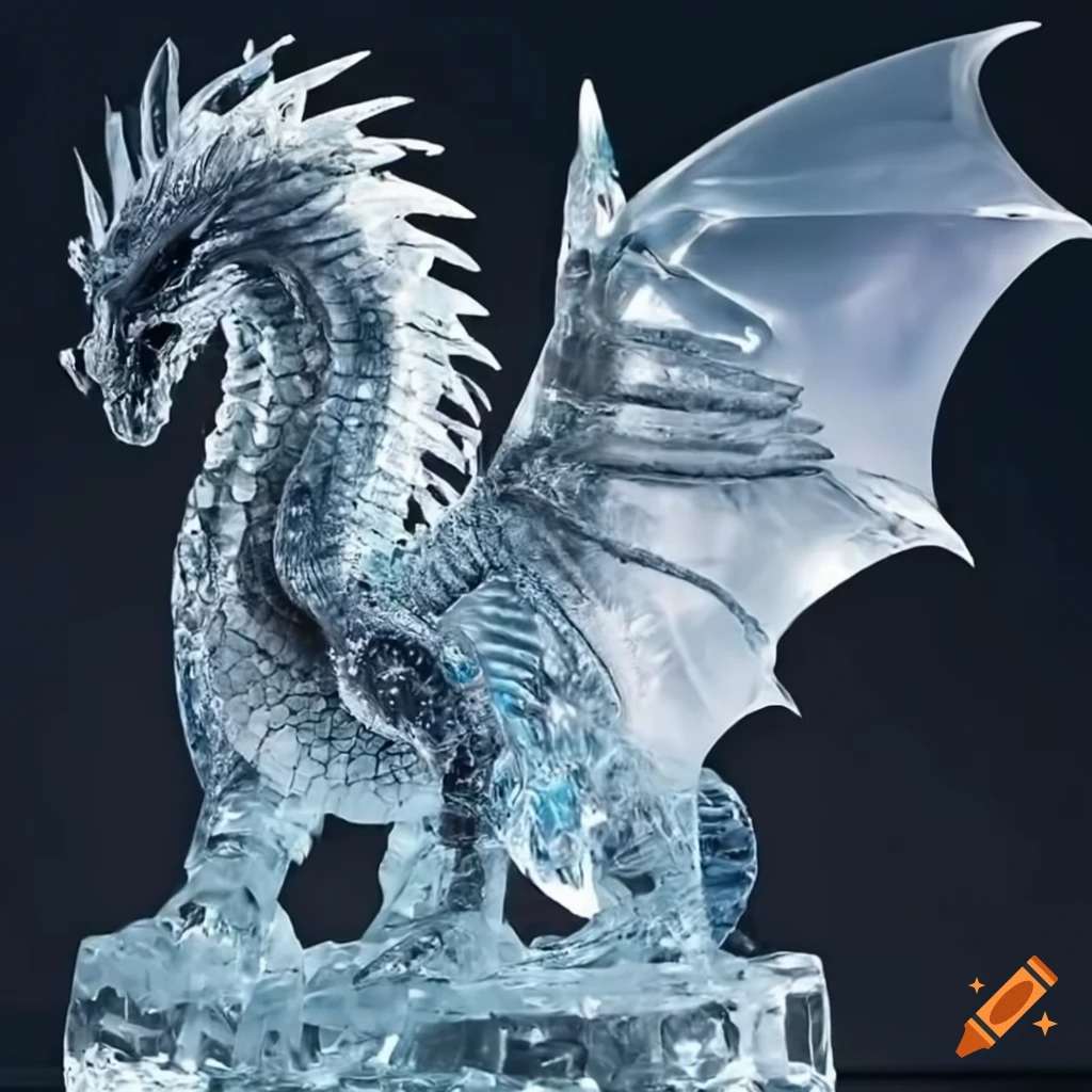 Crystal-clear ice sculpture of a mythical dragon with icy teeth and wings on Craiyon