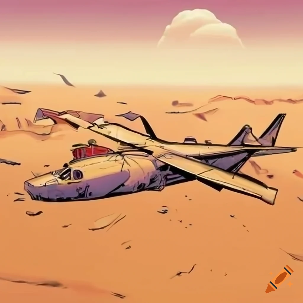 Comic desert airplane wreckage on Craiyon