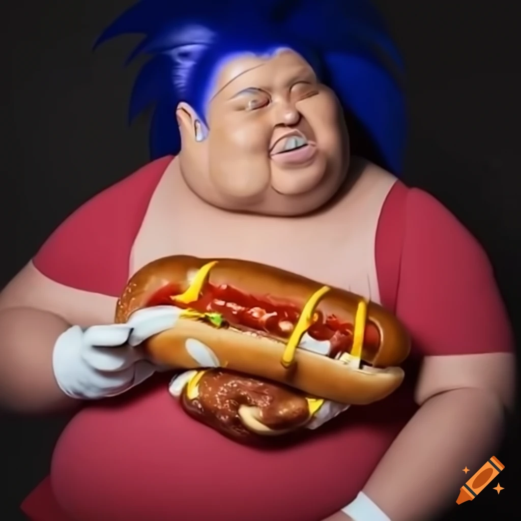 Overweight Sonic the Hedgehog enjoying a chili dog on Craiyon