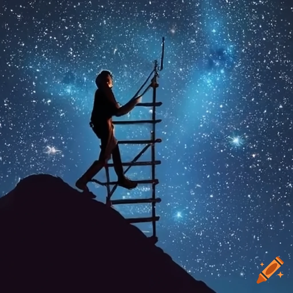 Group climbing ladder towards a star on Craiyon