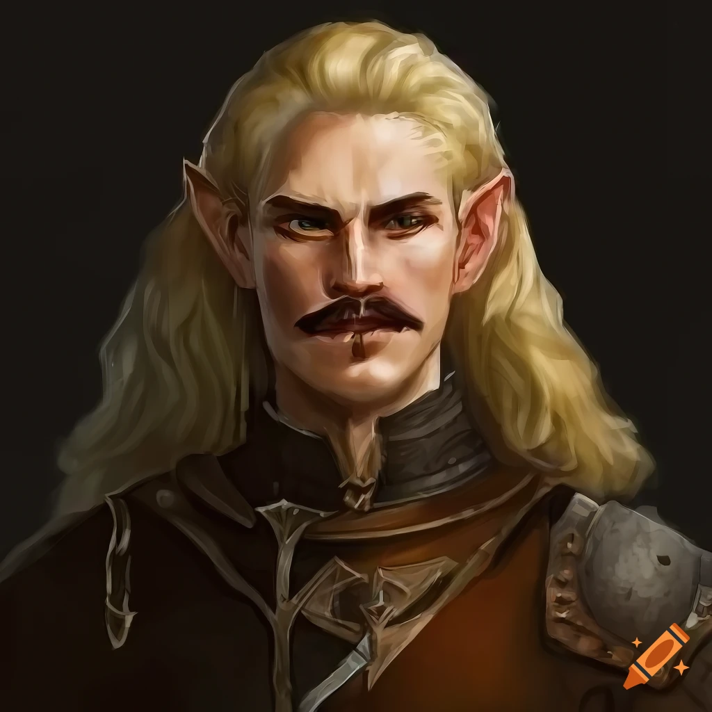 Male fantasy elf with mustache and long blond hair in leather armor on ...