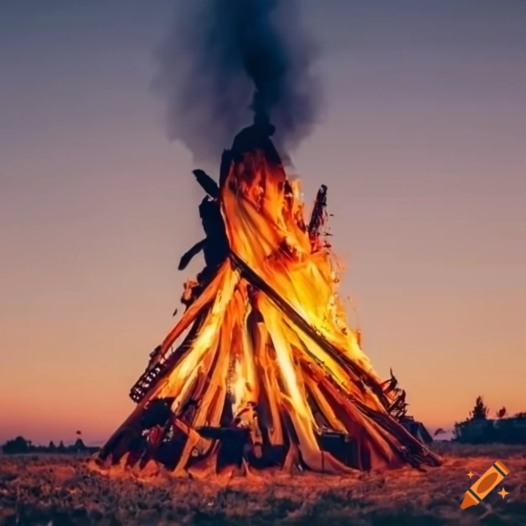 Big bonfire in a field during sunset with people around on Craiyon