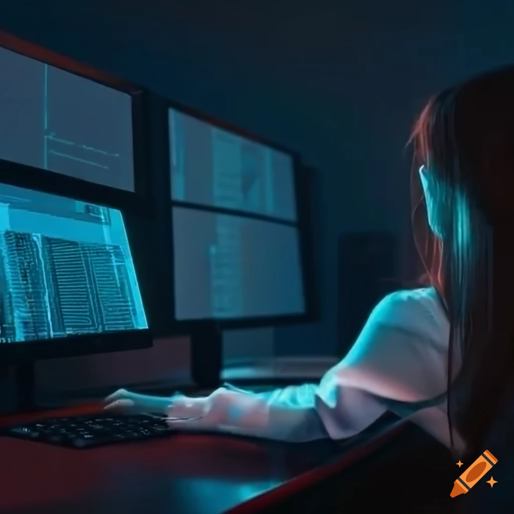 Focused programmer with dual monitors in a home office on Craiyon