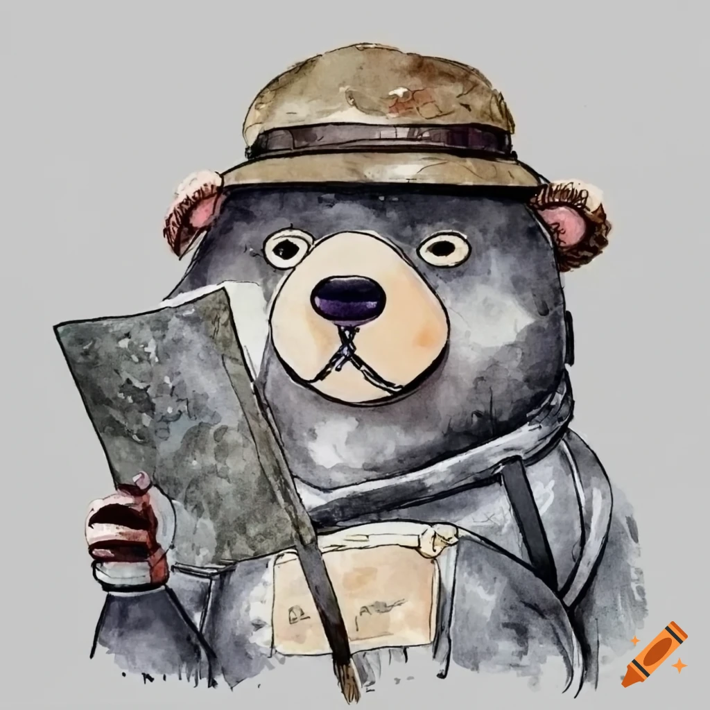 Anthropomorphic bear explorer with hat, backpack, and map in Studio ...