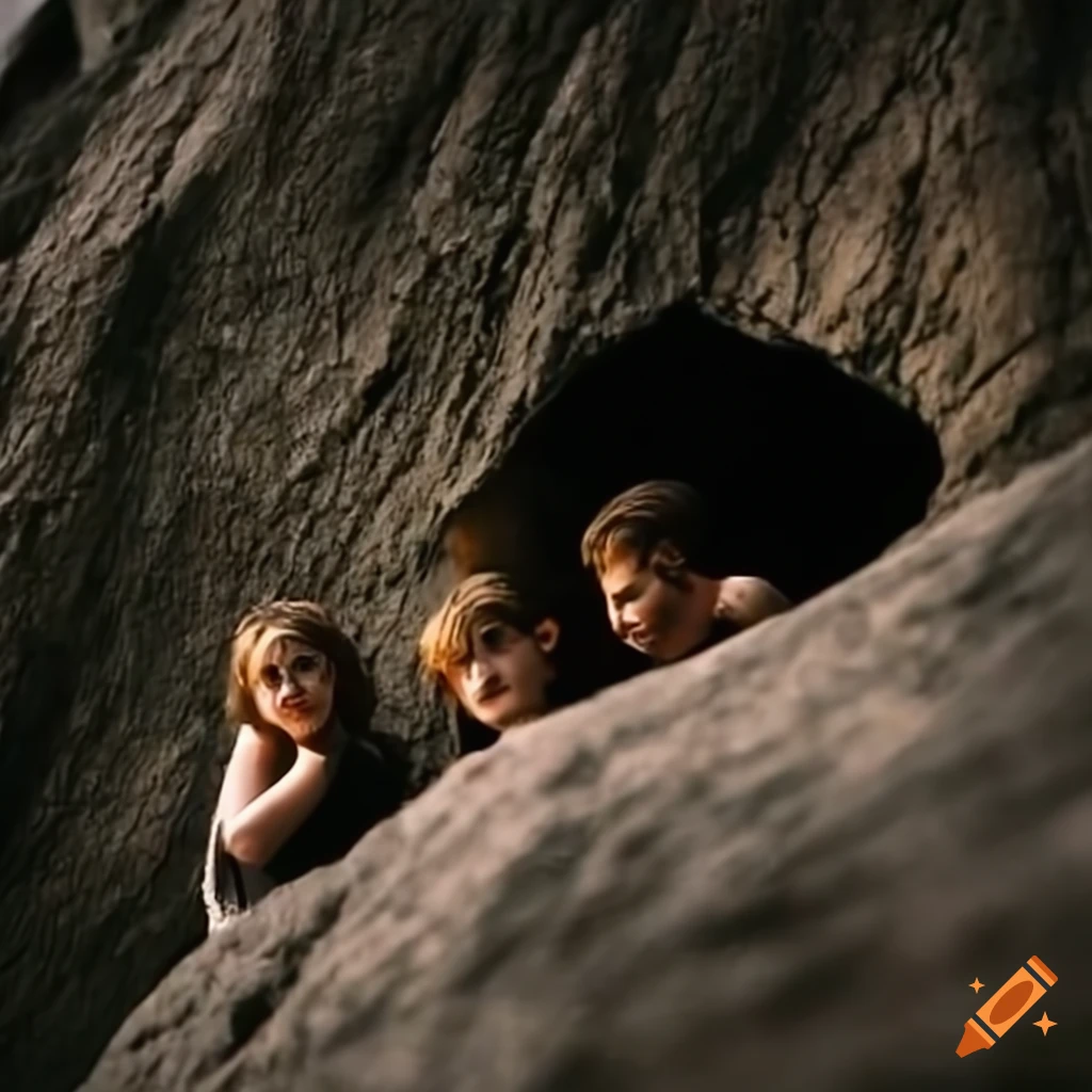 Three friends hiding behind a large rock on Craiyon