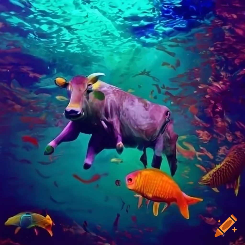 Surreal underwater scene with a swimming cow among colorful fish on Craiyon