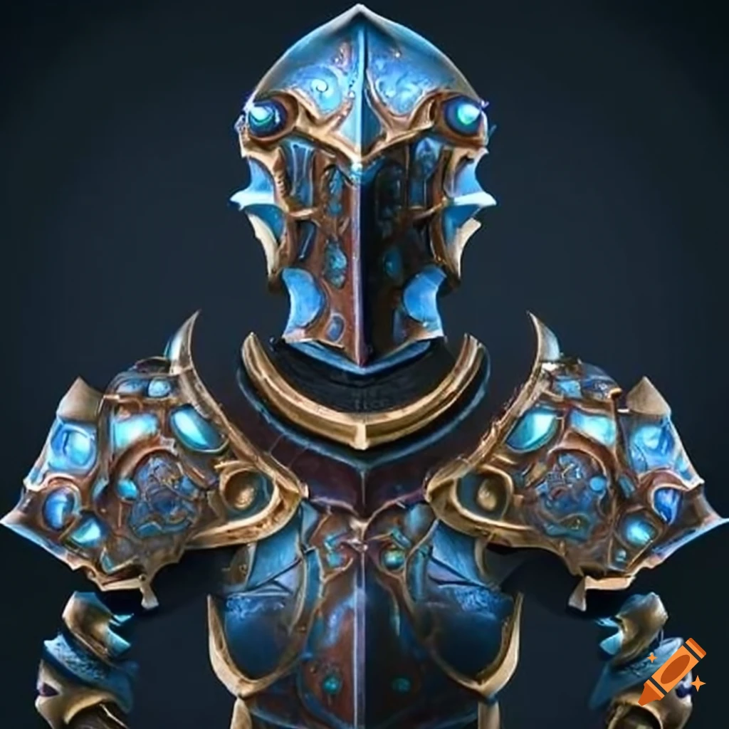 Front view of enchanted magic armor on Craiyon