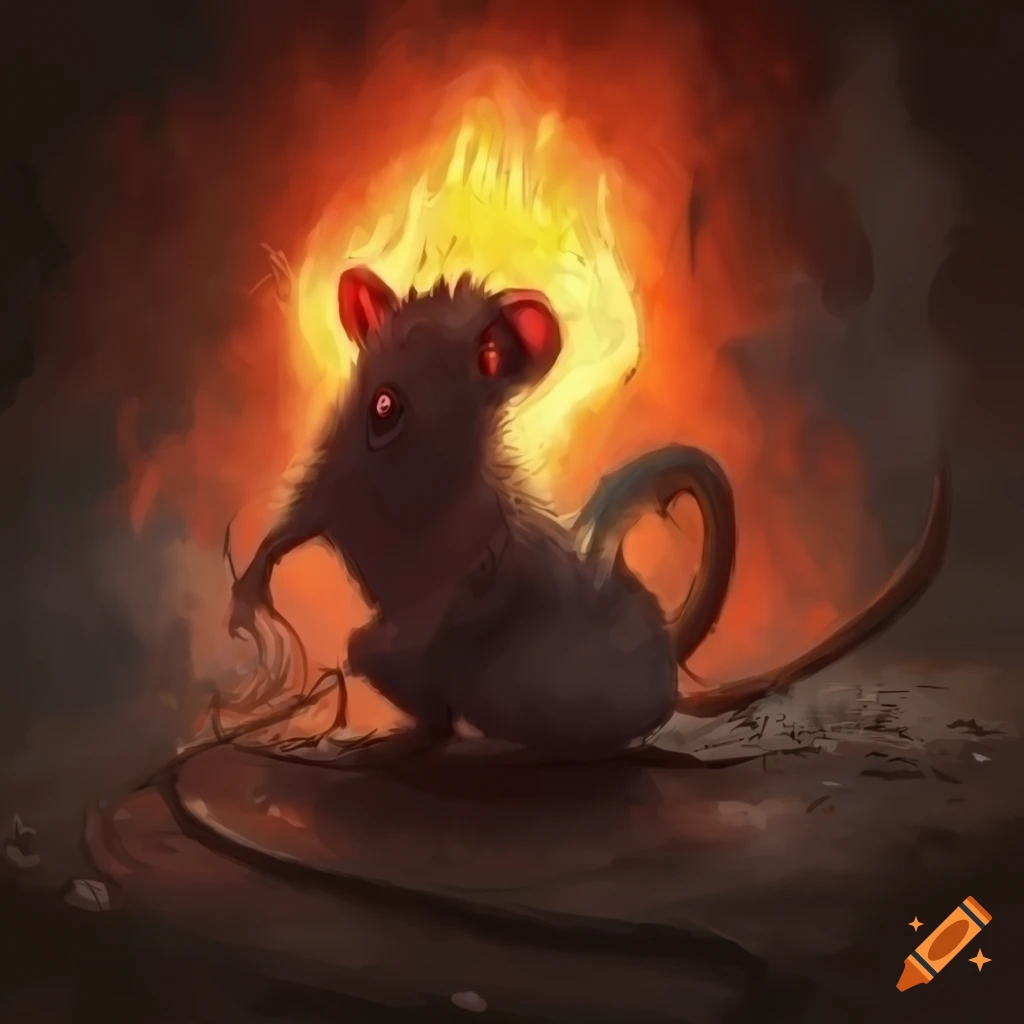 Burning rat scurrying on a concrete floor in a fantasy art style on Craiyon