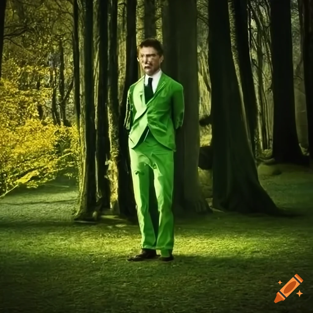 Man in green suit posing in front of trees on Craiyon