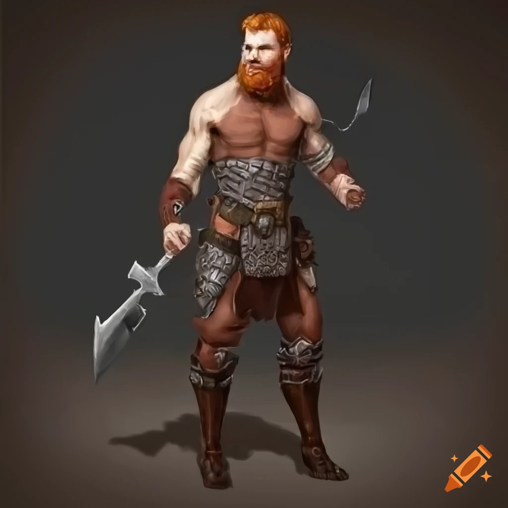 Redheaded heroic mercenary with battleaxe in 5e D&D style on Craiyon