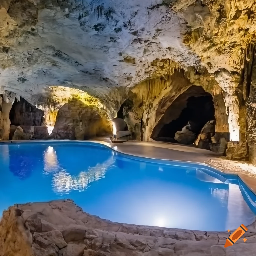 Luxury swimming pool inside a mountain cave with golden lighting on Craiyon