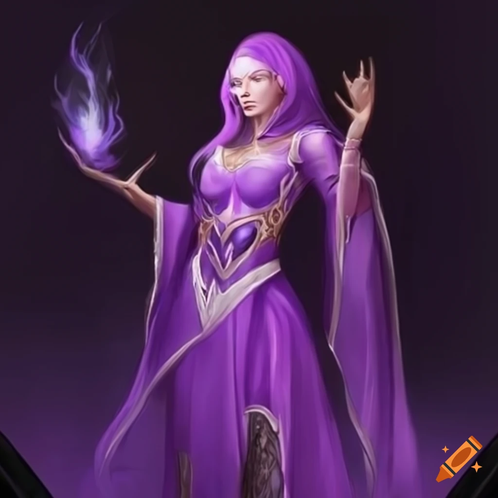 Mature sorceress in violet robe wielding daggers and magic aura on Craiyon