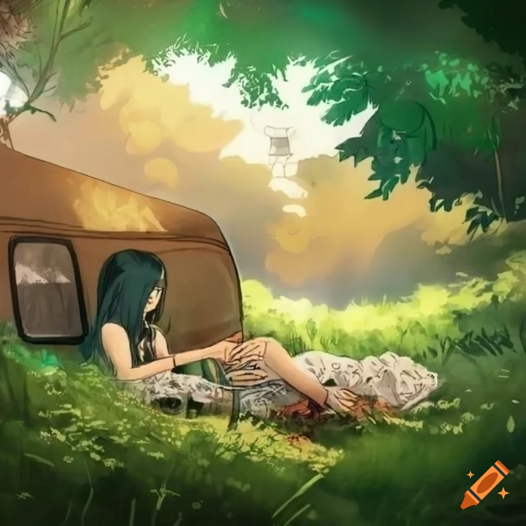 Manga drawing of an introverted woman with cat ears living in RV in ...