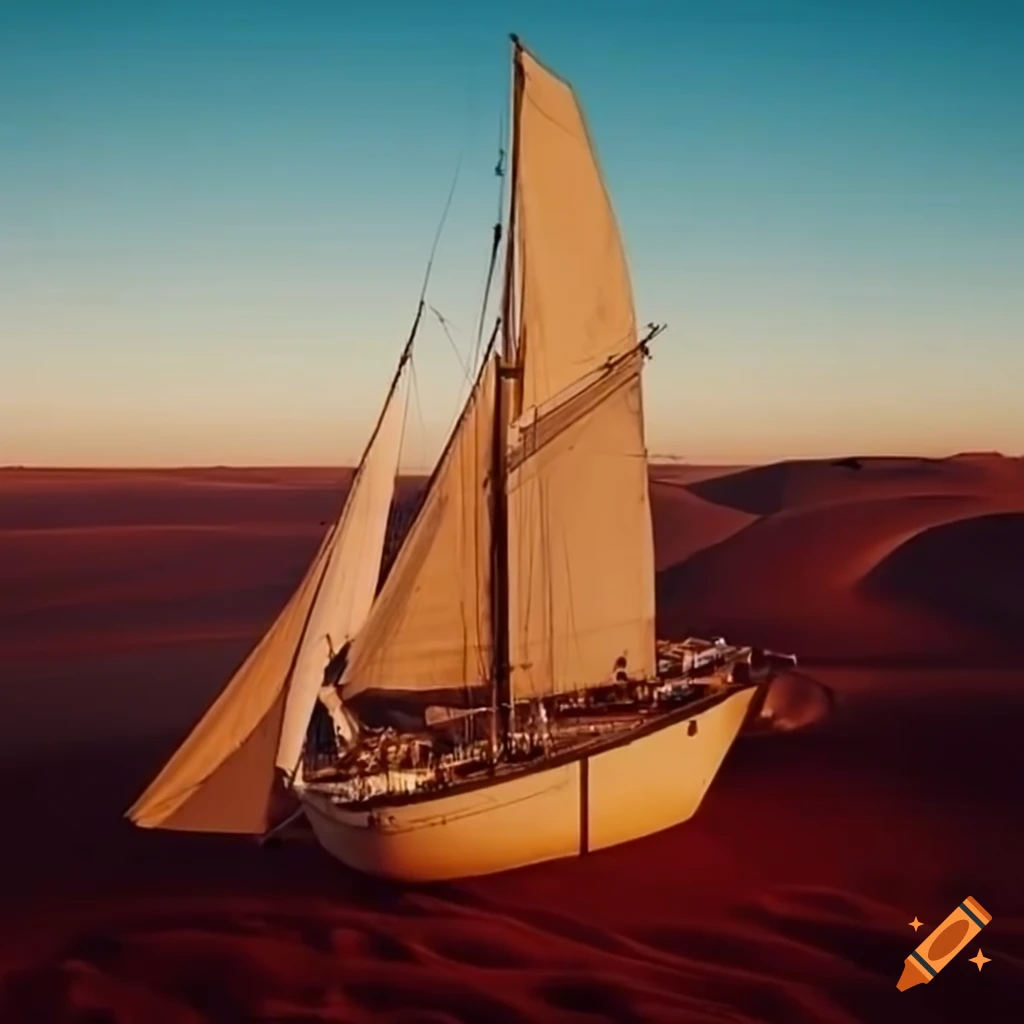 Sailship sailing through sandy desert dunes on Craiyon