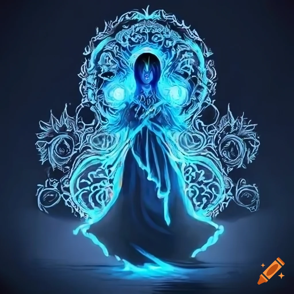 Japanese-style mage casting a blue protective spell on Craiyon