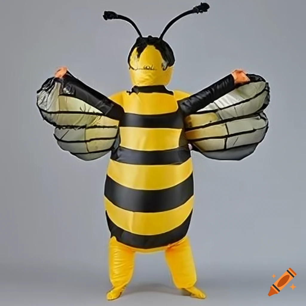 Yellow and black bee costume with giant head and red stinger on Craiyon