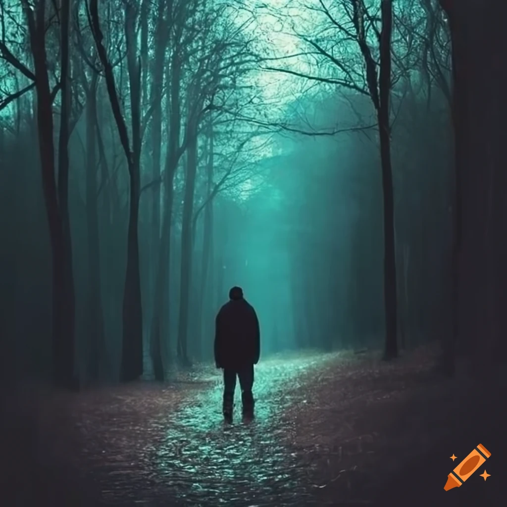 Lonely man walking on a dark path near the forest on Craiyon