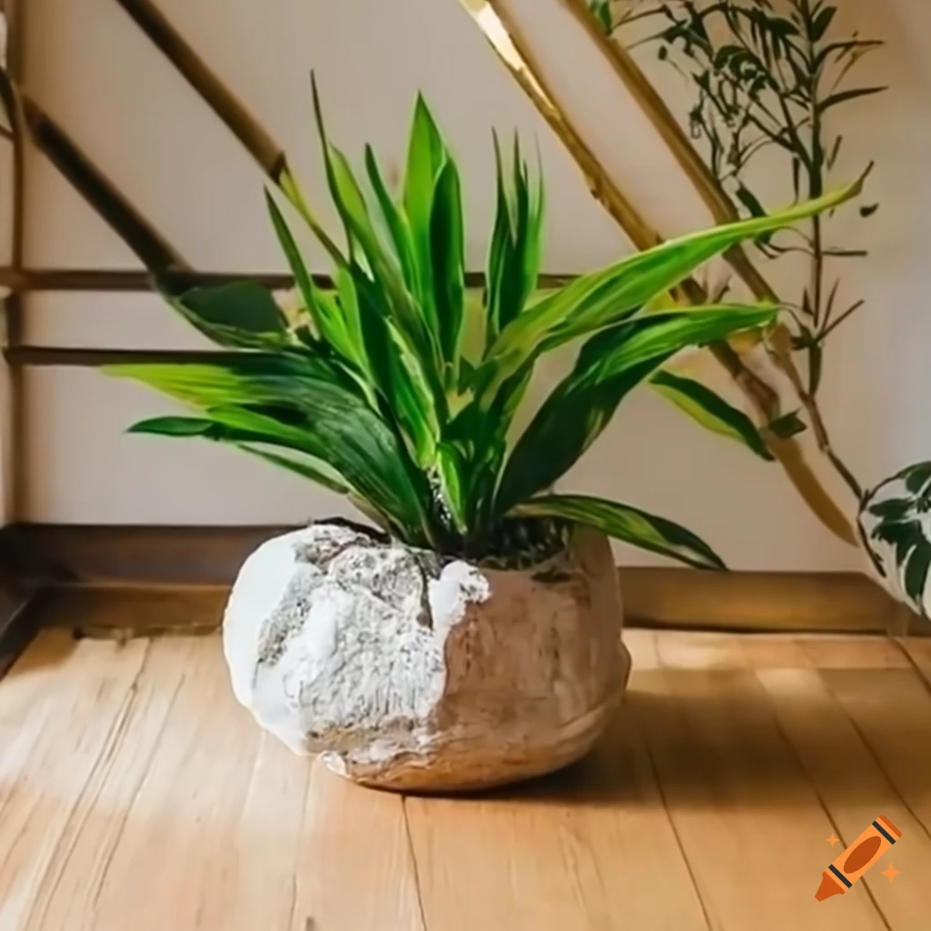 Beautiful plant in rock pot with wooden floor and table of books in ...
