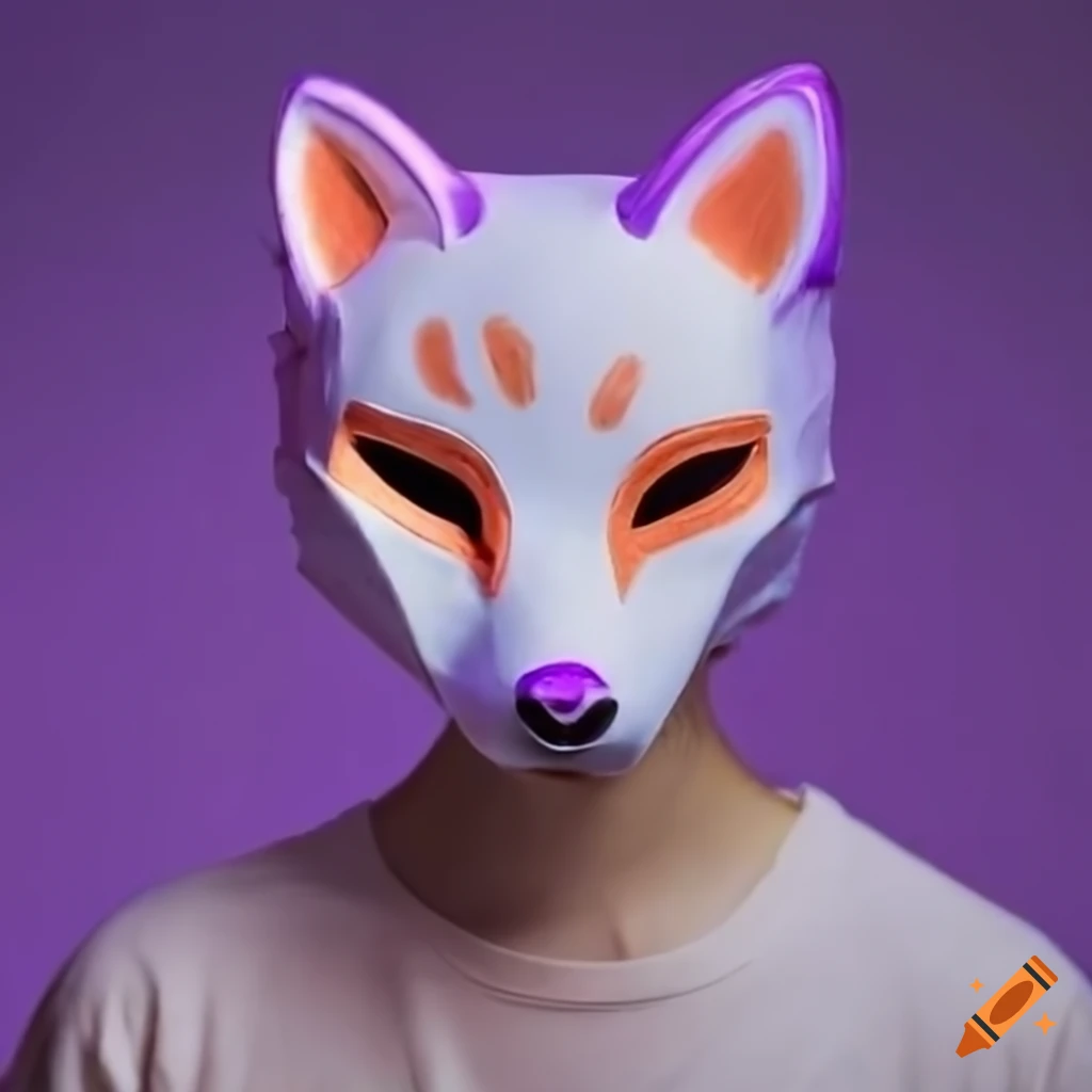 Man wearing a Japanese fox mask in a purple studio on Craiyon