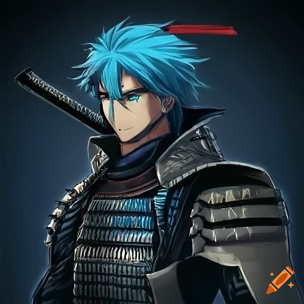Anime young samurai with cyan eyes and hair in samurai armor on Craiyon