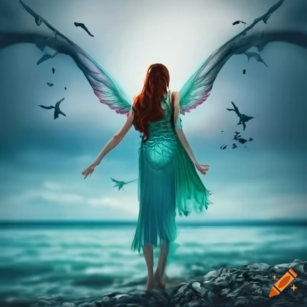 Fae woman observing the sea with dragons flying around on Craiyon