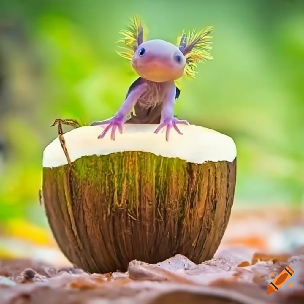 Axolotl enjoying a coconut on a hawaii beach on Craiyon