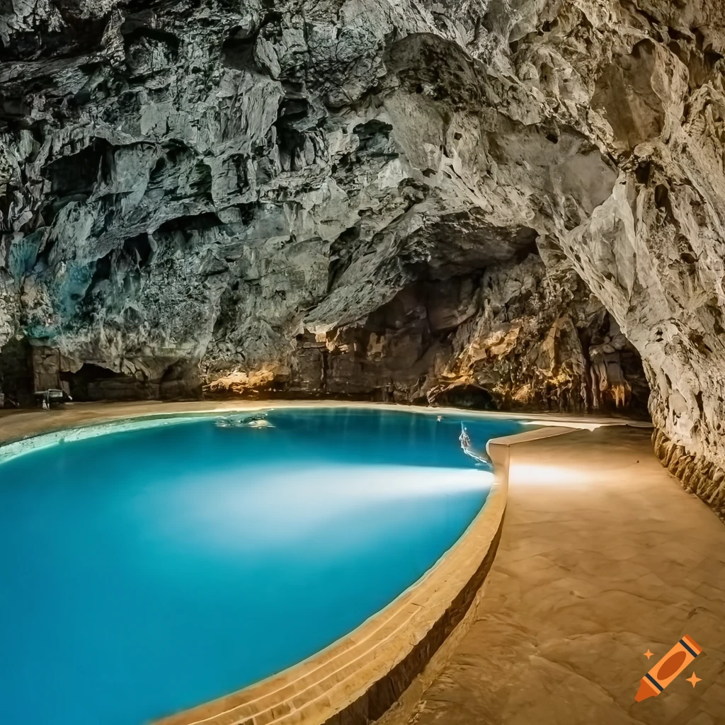 Luxury swimming pool inside a mountain cave with golden lighting on Craiyon
