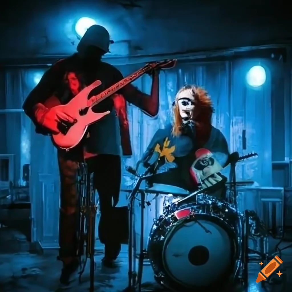 Midwest emo band playing in a basement with cartoon crowd on Craiyon