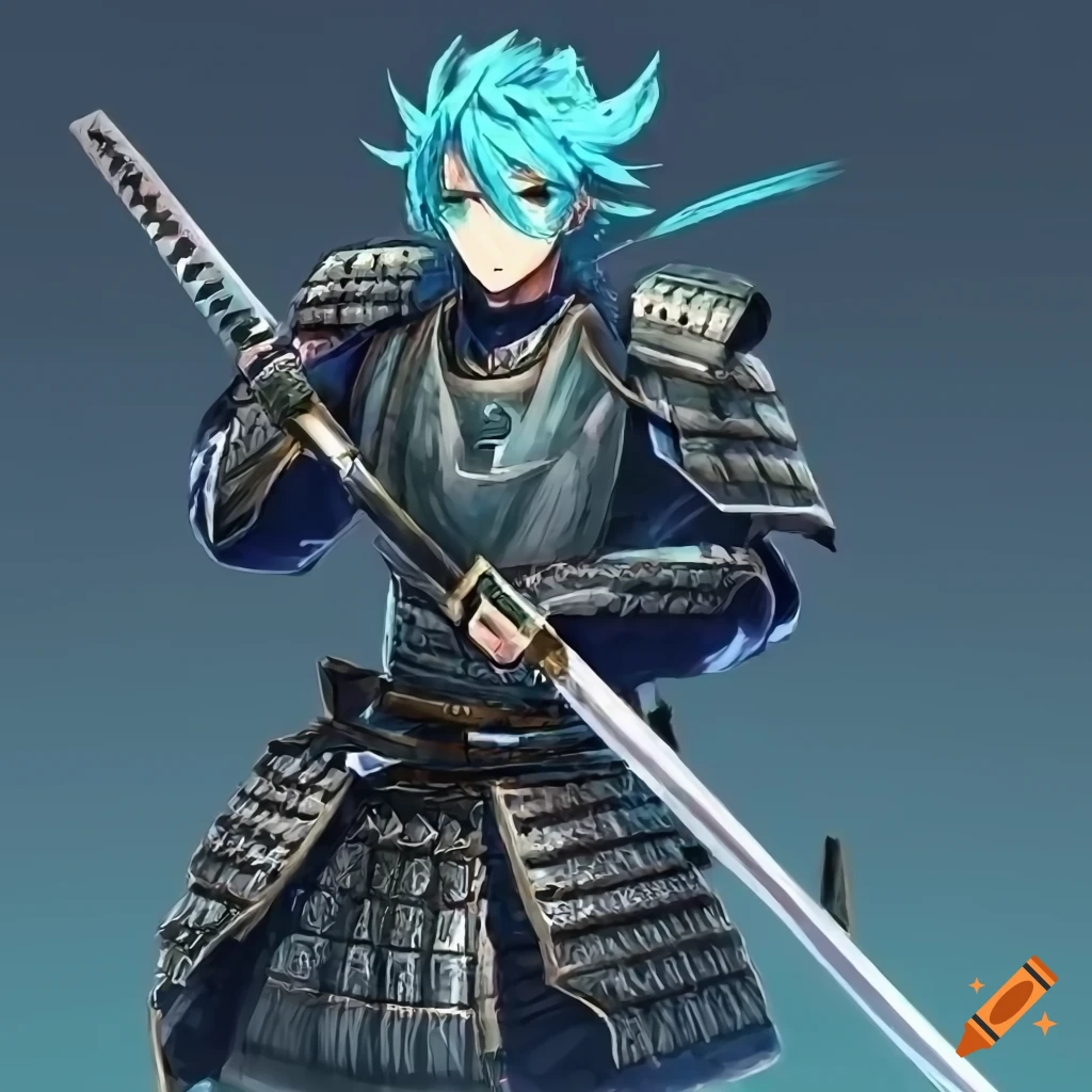 Anime young samurai in cyan armor with katana on Craiyon