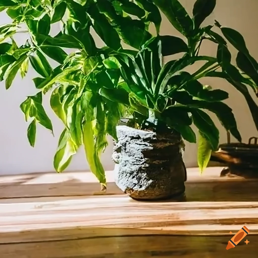 Beautiful plant in rock pot with books on table in well-lit room on Craiyon